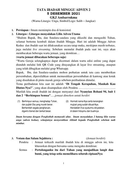 Tata Ibadah Minggu Adven 2 5 Desember 2021 Gkj Ambarrukma Warna