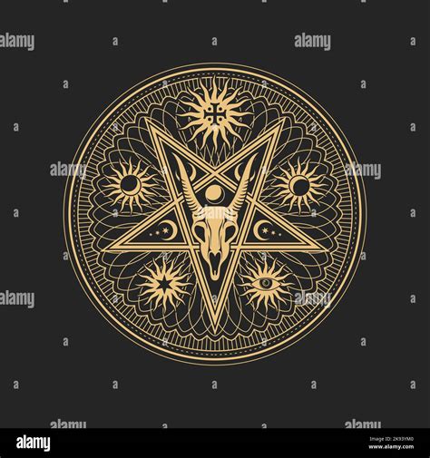 Occult Esoteric Pentagram Sign With Goat Skull In Star With Moon Phases