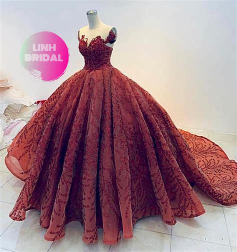 Maroon Dark Red Lace Applique Beaded Ball Gown Wedding Dress With Court