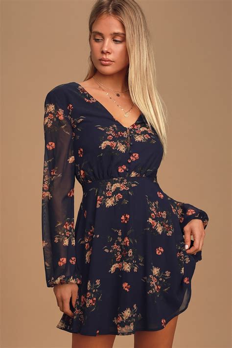 Always Yours Navy Blue Floral Print Long Sleeve Skater Dress Long