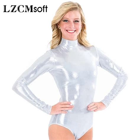 Lzcmsoft Women Silver Shiny Metallic Turtleneck Gymnastics Leotard