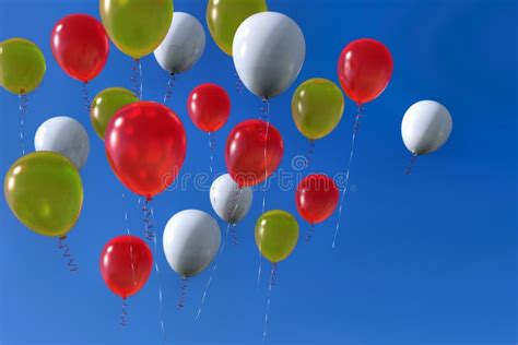 Colorful Helium Balloons With Ribbons On Blue Sky Stock Illustration