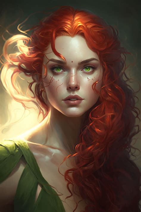 A Tall Woman With Curly Red Hair And Bright Green Eyes Beautiful Art