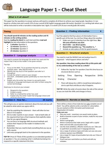 language paper 1 and 2 cheat sheets teaching resources