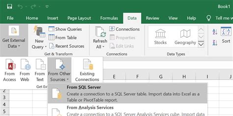 how to import a sql server table inside excel sheet