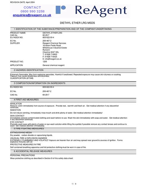 Diethyl Ether Lrg Msds Pdf Chemistry Safety