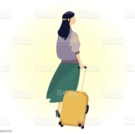 Darkhaired Girl With A Suitcase In Stylish Clothes Of Warm Shades Stock
