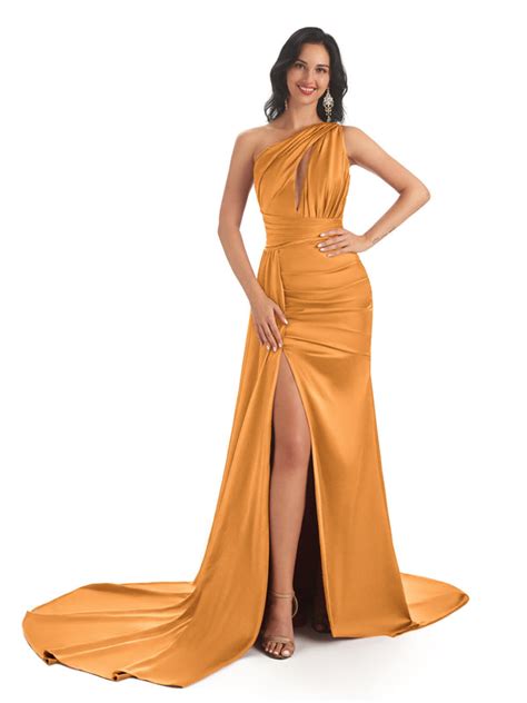 Sexy Soft Satin Side Slit One Shoulder Pleats Floor Length Mermaid Prom