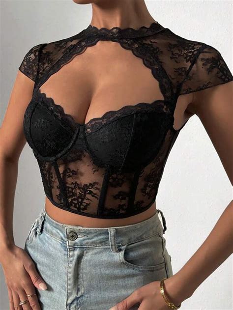 Shein Privé Cut Out Front Bustier Crop Lace Top Shein Usa