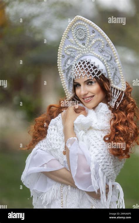 Stylish Russian Female In Traditional National Folk Dress Sundress And