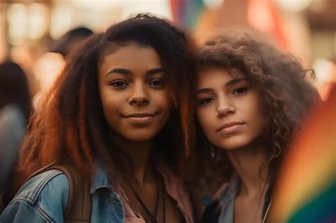 Premium Ai Image Portrait Of Happy Lesbian Couple Smiling Holding