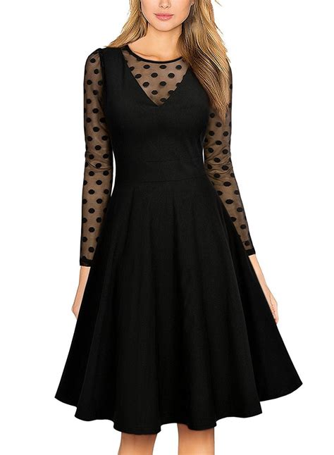 Black Womens Vintage Elegant Long Sleeve Polka Dot Swing Dress