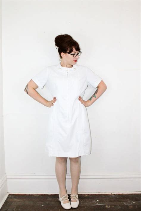 Vintage Nurse Dress 1960s Nurse White Uniform Dress With Pockets