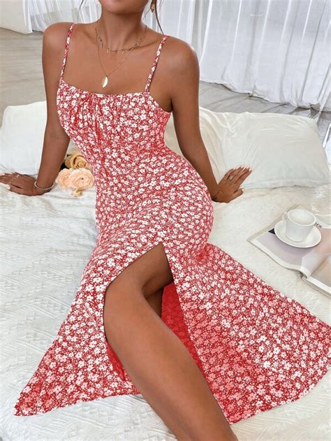 Shein Frenchy Ditsy Floral Print Tie Front Split Thigh Cami Dress