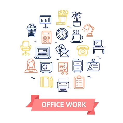 Oficina Trabajo Color Redondo Diseño Plantilla Línea Icono Concepto