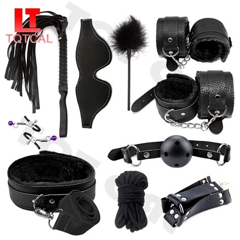 Leather Bdsm Kits Plush Bondage Set Handcuffs Whip Gag Eye Mask Nipple