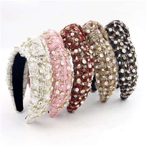Luxury Tweed Gem And Pearl Knotted Headband Top Knot Headband Jeweled