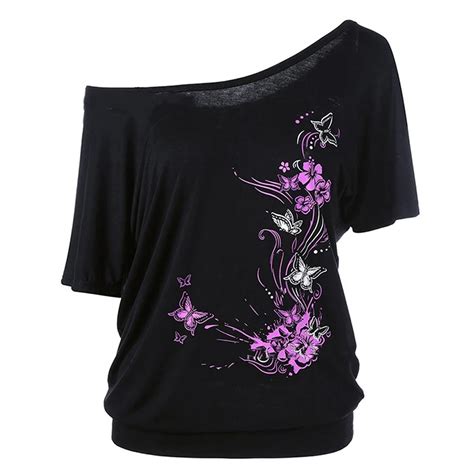 Summer T Shirt Women Butterfly Print Oblique Collar Casual Loose Tee
