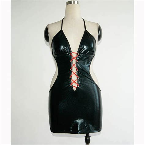 Wonder Beauty Women Chic Pu Leather Club Dress Black Hip Lace Up Latex