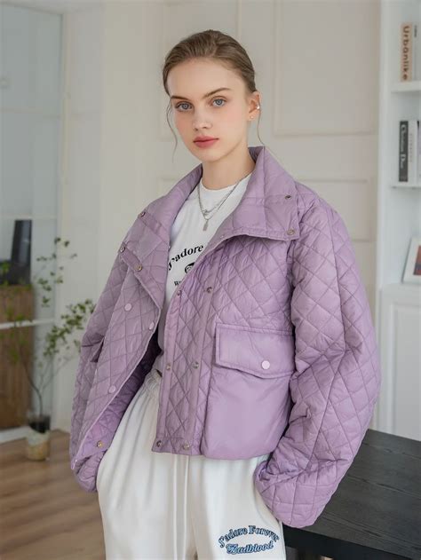 Shein Coldbreak Flap Pocket Argyle Quilted Coat Womens Quilted Jacket