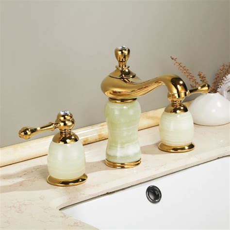 Luxury Gold Brass Natural Jade Bathroom Sink Faucet Golden Art Basin