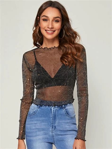 Shein Lettuce Trim Glitter Sheer Mesh Top Without Bra Sheer Mesh Top