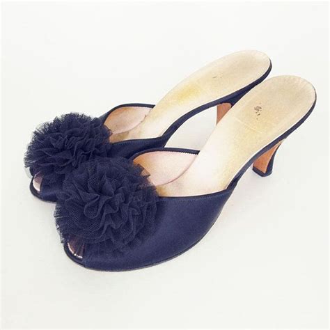50s Black Satin Slipper Boudoir Mules With Tulle Puffs By Etsy