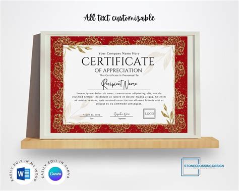 Editable Certificate Of Appreciation Award Template Printable
