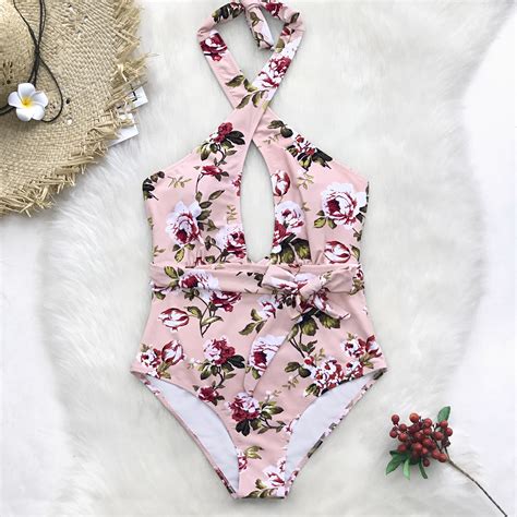 Pink Floral Belted One Piece Swimsuit Halter One Piece Swimsuit One