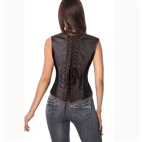 Steampunk Brown Steel Boned Jacquard High Neck Buck Closure Vest
