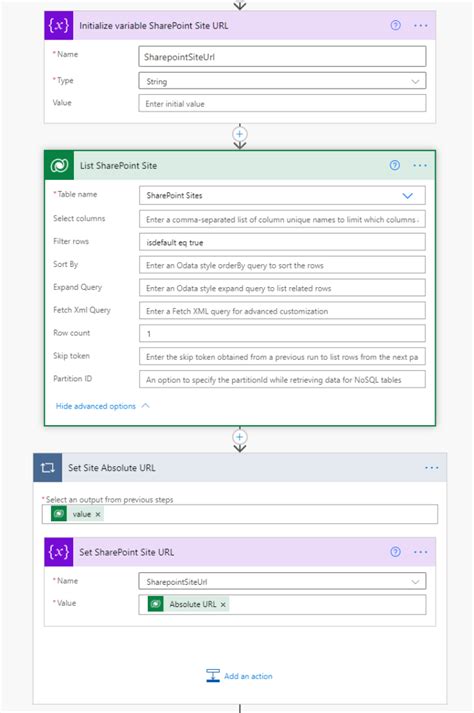 making sharepoint site url folder path dynamic in power automate
