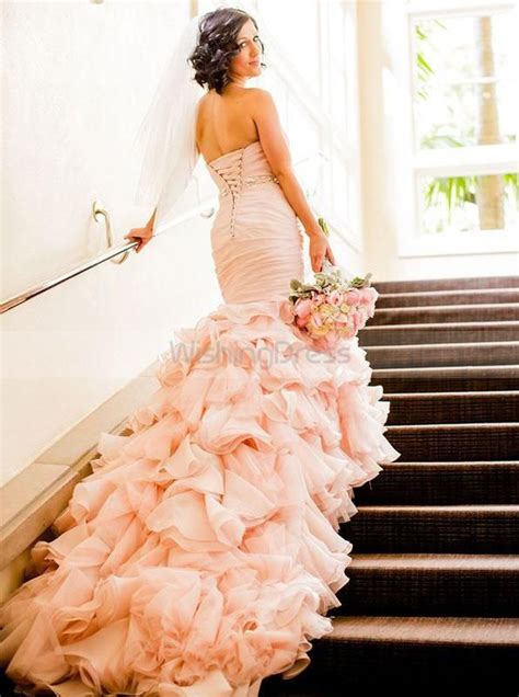 Blush Pink Wedding Dresses Mermaid Wedding Dress With Ruffles Organza