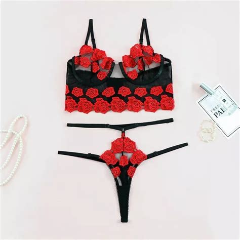 Red Rose Lace Valentine Lingerie Set 2 Pieces Yogasity