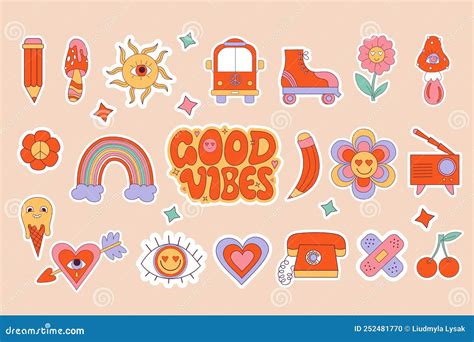 Nostalgia 70s Stickers Set Of Retro Groovy Elements Cute Cartoon