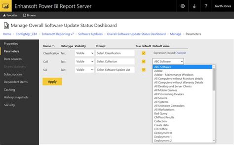 how to set the default report parameters for a mecm report recast
