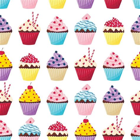 Seamless Pattern With Cute Cupcakes On White Background In Cartoon Flat