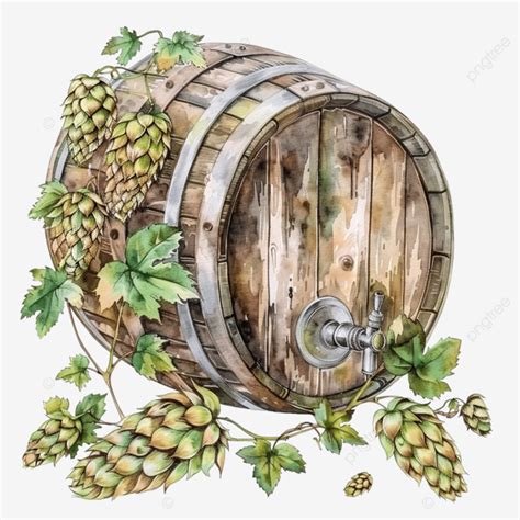 Wooden Beer Barrel And Hop Vine Wheat Ear Watercolor Isolated On White