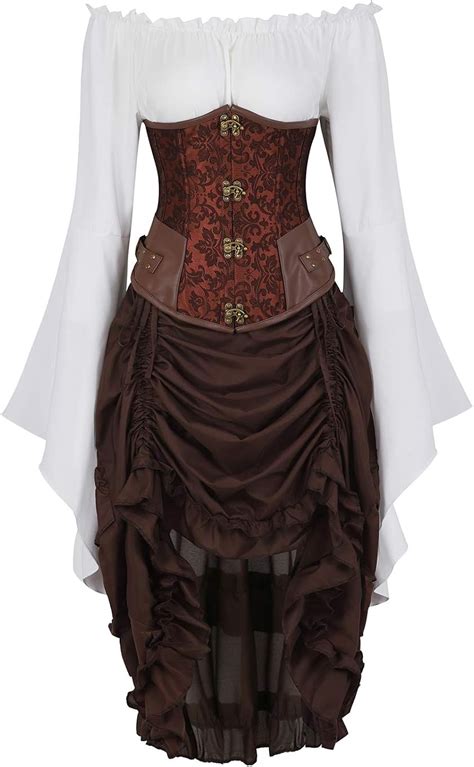 Grebrafan Steampunk Waist Cincher Corset With Pirate Skirt And Blouse 3
