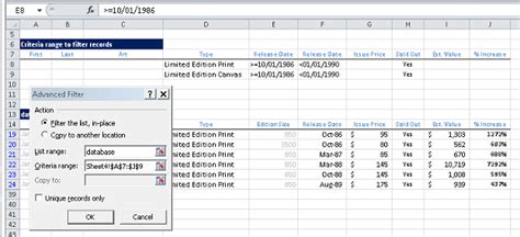 filter create criteria range modify columns and