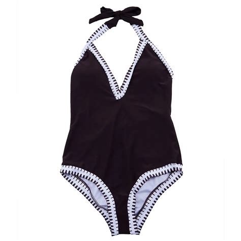 Women One Piece Deep Plunge Contrast Edged Getaway Halter Monokini