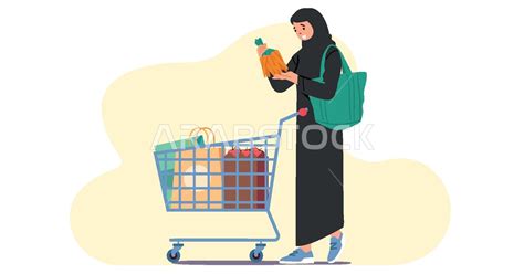 فيكتور كرتوني لشخصية ، امرأة عربية خليجية في السوبر ماركت مع البضائع في