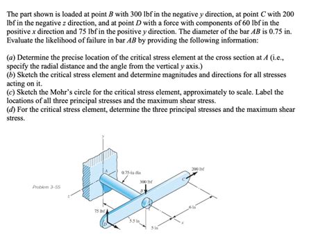 solved the part shown is loaded at point b with 300 lbf in