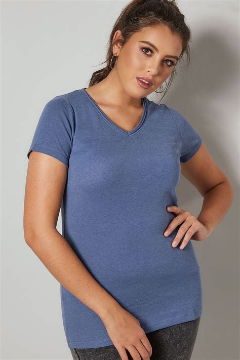 Blue Marl Short Sleeved V Neck Basic T Shirt Plus Size 16 To 36