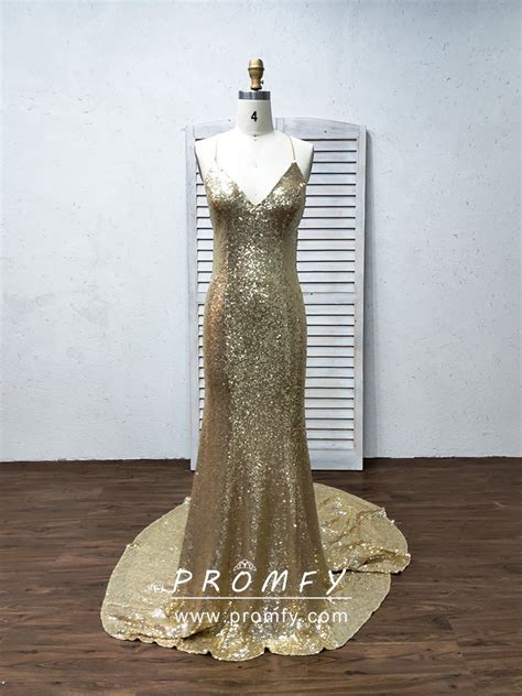 Promfy Gold Sequin V Neck Spaghetti Straps Prom Dress