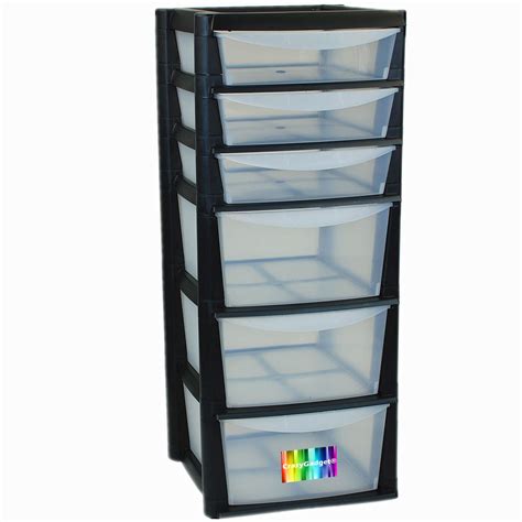 Extra Large 6 Drawer Tower Storage Plastic Draw Home Set Black Made