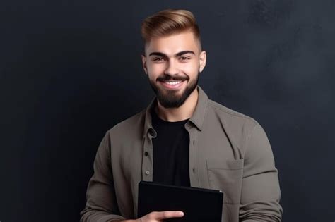 Premium Ai Image Handsome Young Man Smiling While Holding His Tablet