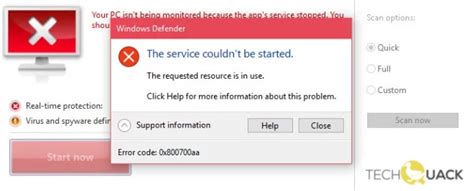 how to resolve windows defender error code 0x800700aa the service