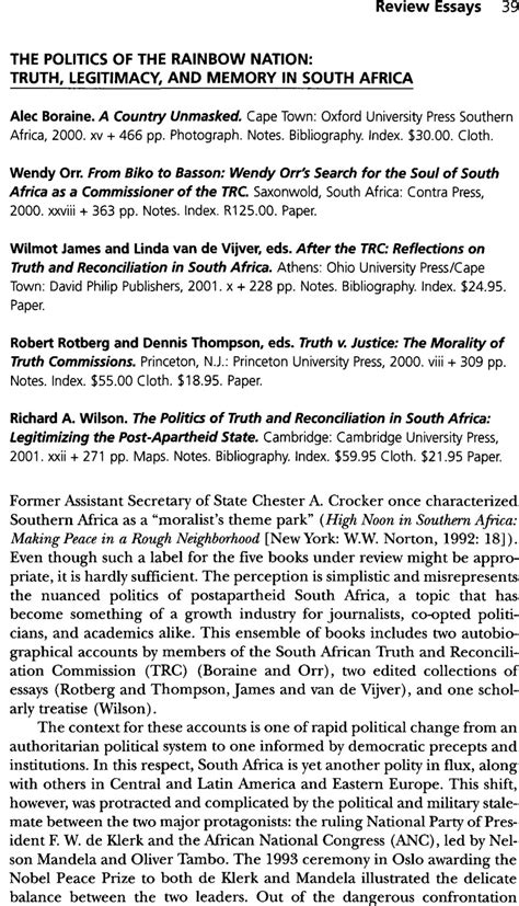 The Politics Of The Rainbow Nation Truth Legitimacy And Memory In