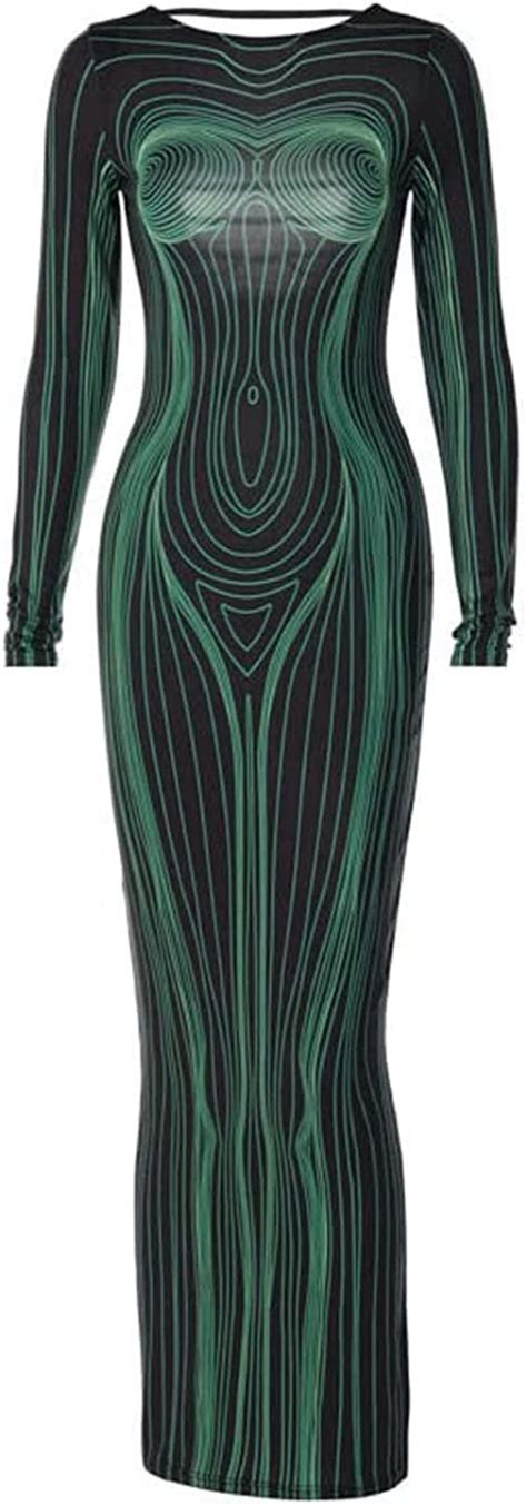 Danceemangoos Women Y2k 3d Body Print Maxi Dress Sexy Bodycon Long
