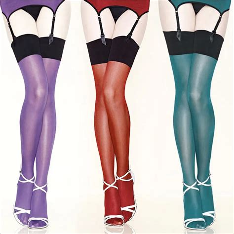 Sexy Erotic Porn Womens Contrast Color Shine Thigh High Stockings